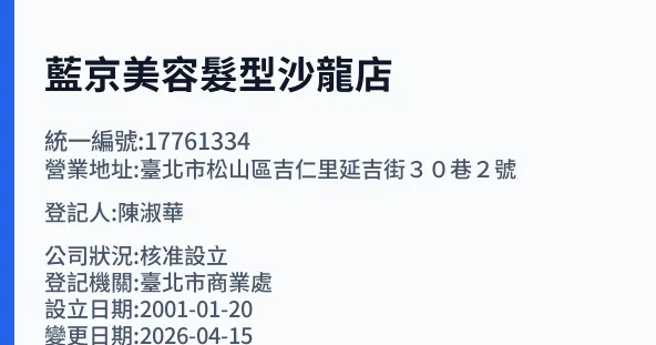 藍京美容髮型沙龍店的照片-統編 17761334(臺北市) 公司登記資料與營業項目詳細圖表