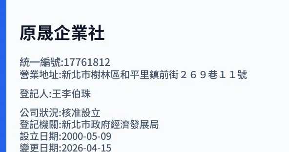 原晟企業社的照片-統編 17761812(新北市) 公司登記資料與營業項目詳細圖表