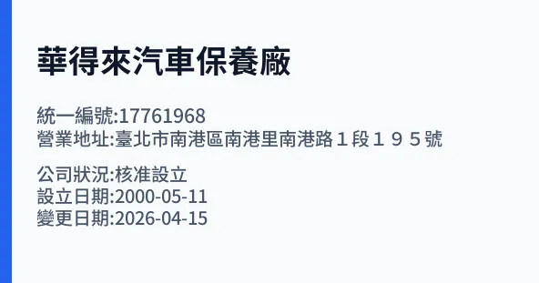華得來汽車保養廠的照片-統編 17761968(臺北市) 公司登記資料與營業項目詳細圖表