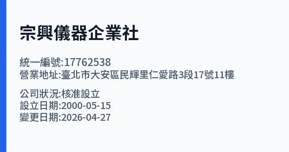 宗興儀器企業社的照片-統編 17762538(臺北市) 公司登記資料與營業項目詳細圖表