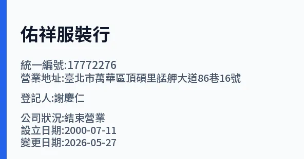 佑祥服裝行的照片-統編 17772276(臺北市) 公司登記資料與營業項目詳細圖表