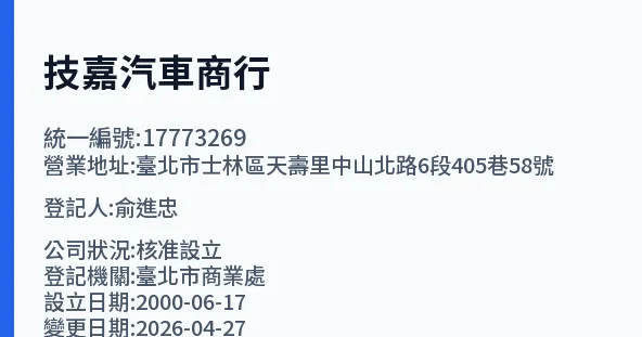 技嘉汽車商行的照片-統編 17773269(臺北市) 公司登記資料與營業項目詳細圖表