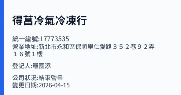 得菖冷氣冷凍行的照片-統編 17773535(新北市) 公司登記資料與營業項目詳細圖表