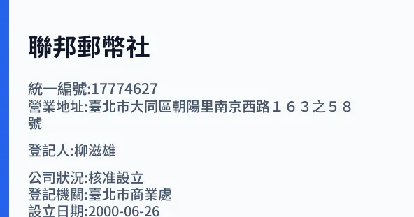 聯邦郵幣社的照片-統編 17774627(臺北市) 公司登記資料與營業項目詳細圖表