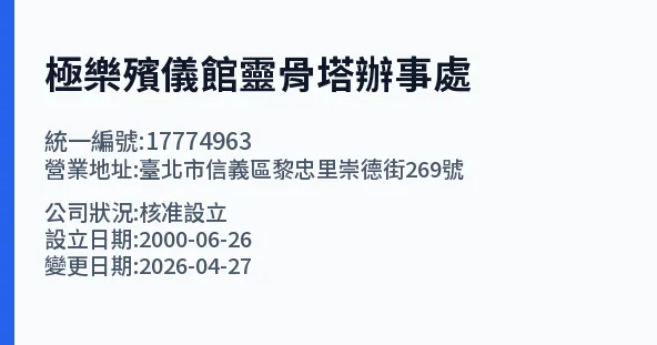極樂殯儀館靈骨塔辦事處的照片-統編 17774963(臺北市) 公司登記資料與營業項目詳細圖表