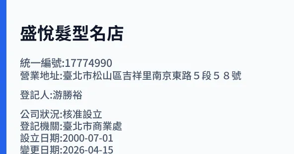 盛悅髮型名店的照片-統編 17774990(臺北市) 公司登記資料與營業項目詳細圖表