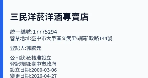 三民洋菸洋酒專賣店的照片-統編 17775294(臺中市) 公司登記資料與營業項目詳細圖表