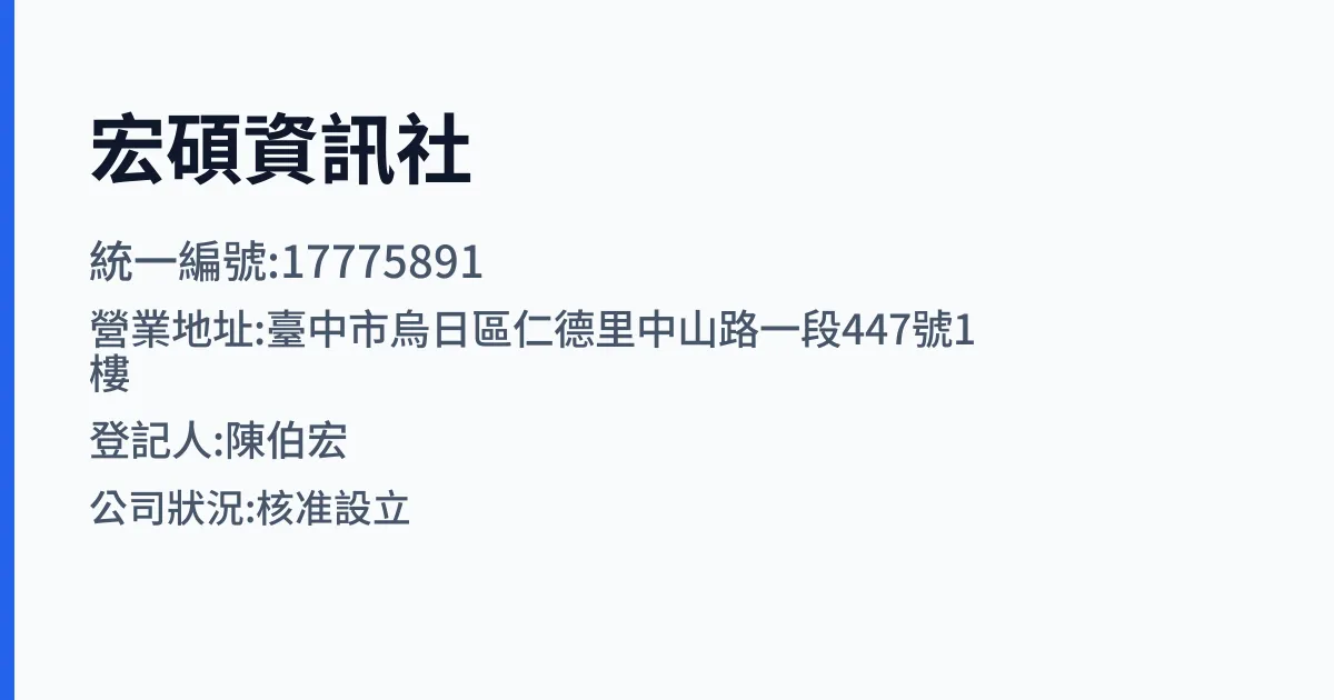 宏碩資訊社 - 統編 17775891(臺中市) 公司登記資料與營業項目詳細圖表
