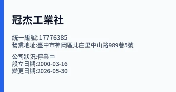 冠杰工業社的照片-統編 17776385(臺中市) 公司登記資料與營業項目詳細圖表