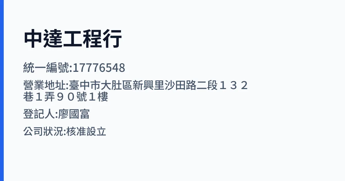 中達工程行 - 統編 17776548(臺中市) 公司登記資料與營業項目詳細圖表