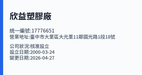 欣益塑膠廠的照片-統編 17776651(臺中市) 公司登記資料與營業項目詳細圖表