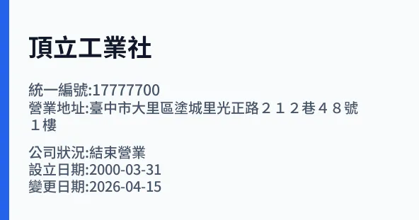 頂立工業社的照片-統編 17777700(臺中市) 公司登記資料與營業項目詳細圖表