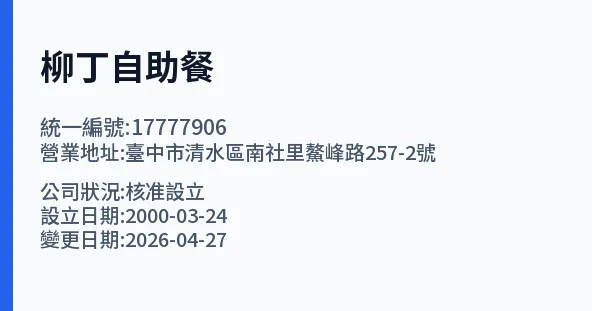 柳丁自助餐的照片-統編 17777906(臺中市) 公司登記資料與營業項目詳細圖表