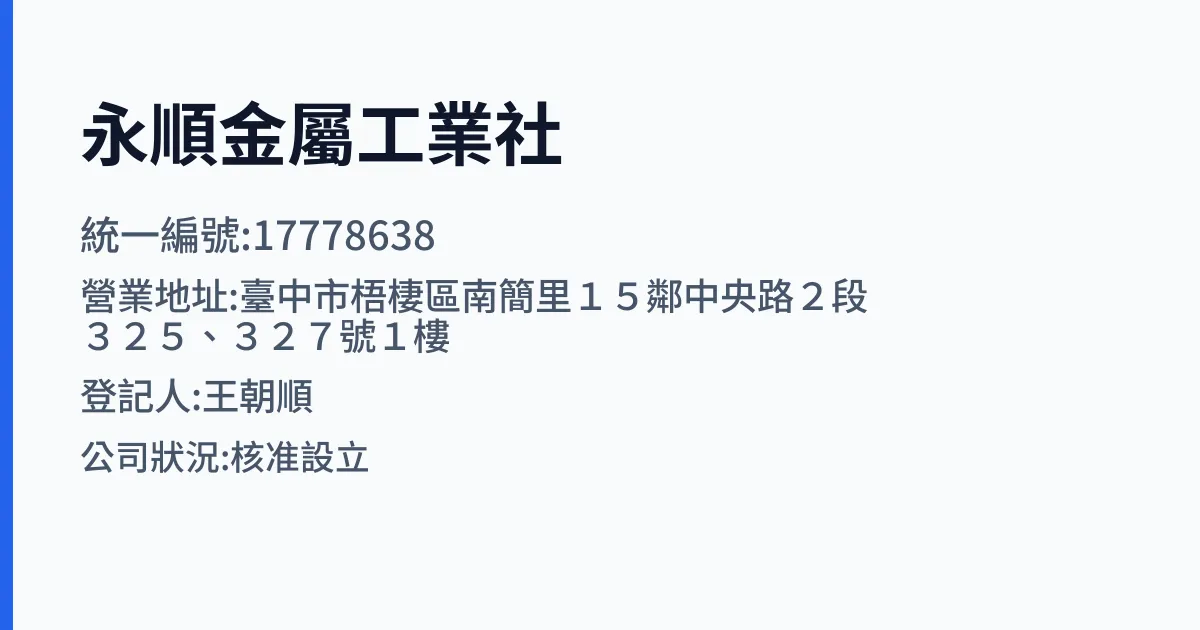 永順金屬工業社 - 統編 17778638(臺中市) 公司登記資料與營業項目詳細圖表