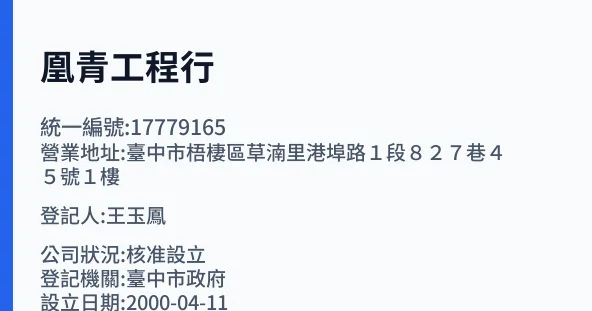 凰青工程行的照片-統編 17779165(臺中市) 公司登記資料與營業項目詳細圖表