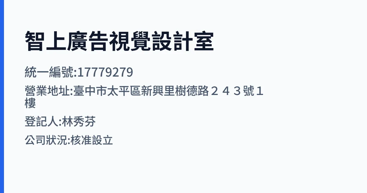 智上廣告視覺設計室 - 統編 17779279(臺中市) 公司登記資料與營業項目詳細圖表