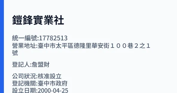 鎧鋒實業社的照片-統編 17782513(臺中市) 公司登記資料與營業項目詳細圖表