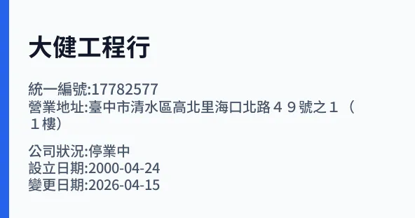大健工程行的照片-統編 17782577(臺中市) 公司登記資料與營業項目詳細圖表