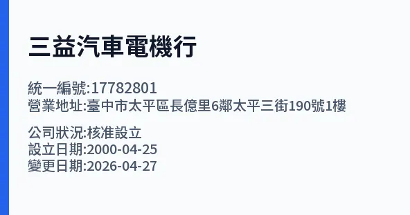 三益汽車電機行的照片-統編 17782801(臺中市) 公司登記資料與營業項目詳細圖表
