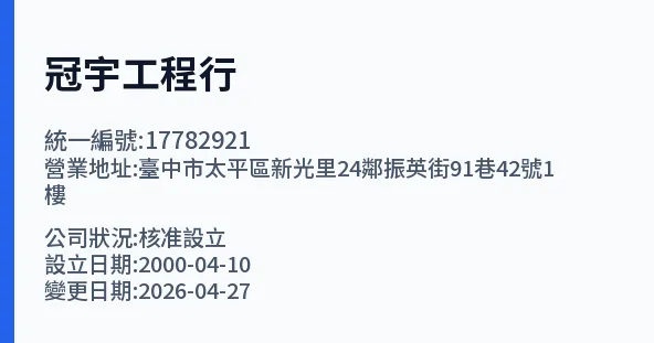 冠宇工程行的照片-統編 17782921(臺中市) 公司登記資料與營業項目詳細圖表