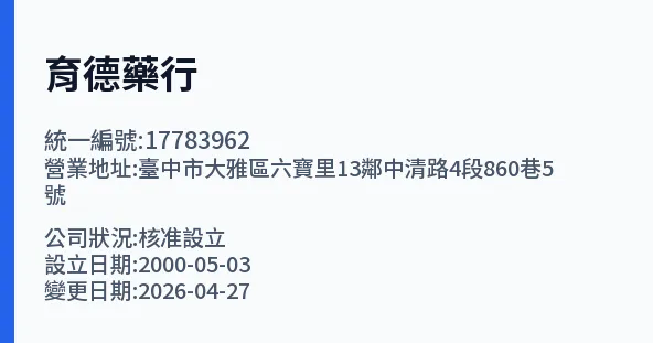 育德藥行的照片-統編 17783962(臺中市) 公司登記資料與營業項目詳細圖表