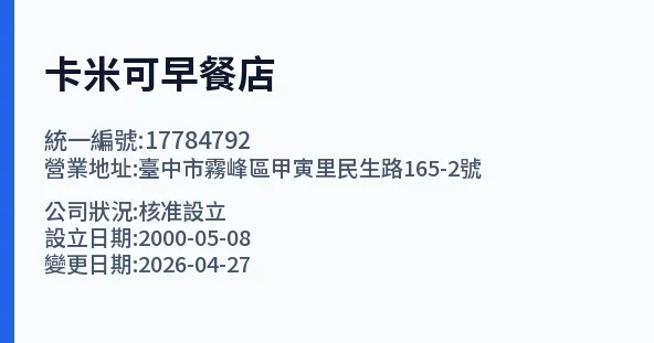 卡米可早餐店的照片-統編 17784792(臺中市) 公司登記資料與營業項目詳細圖表