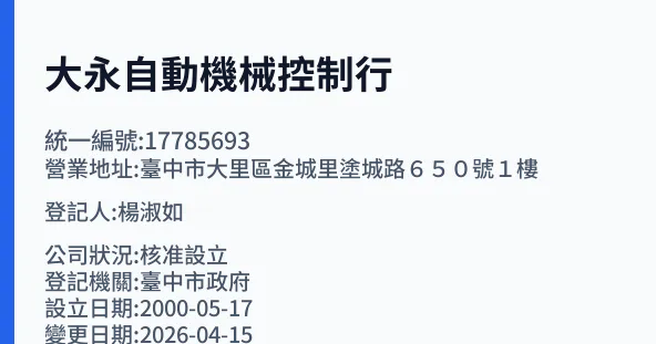 大永自動機械控制行的照片-統編 17785693(臺中市) 公司登記資料與營業項目詳細圖表