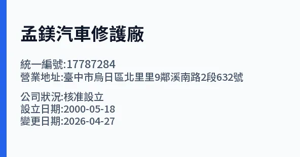 孟鎂汽車修護廠的照片-統編 17787284(臺中市) 公司登記資料與營業項目詳細圖表