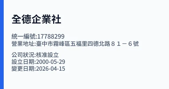 全德企業社的照片-統編 17788299(臺中市) 公司登記資料與營業項目詳細圖表