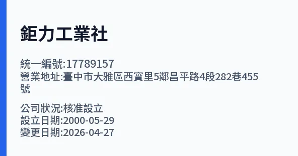 鉅力工業社的照片-統編 17789157(臺中市) 公司登記資料與營業項目詳細圖表
