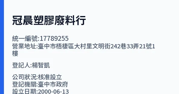 冠晨塑膠廢料行的照片-統編 17789255(臺中市) 公司登記資料與營業項目詳細圖表