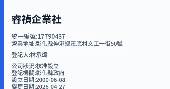 睿禎企業社的照片-統編 17790437(彰化縣) 公司登記資料與營業項目詳細圖表