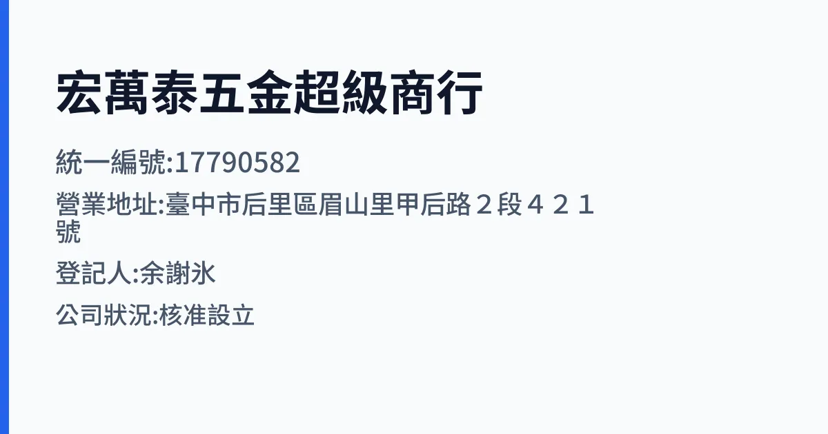 宏萬泰五金超級商行 - 統編 17790582(臺中市) 公司登記資料與營業項目詳細圖表