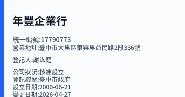 年豐企業行的照片-統編 17790773(臺中市) 公司登記資料與營業項目詳細圖表