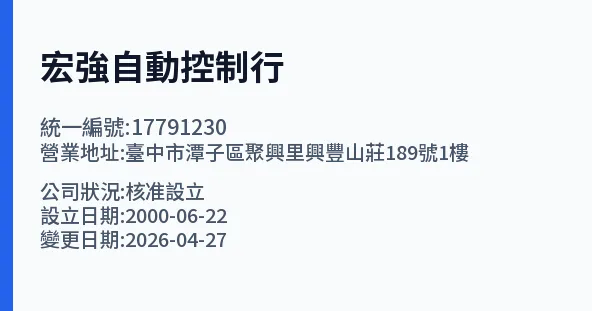 宏強自動控制行的照片-統編 17791230(臺中市) 公司登記資料與營業項目詳細圖表