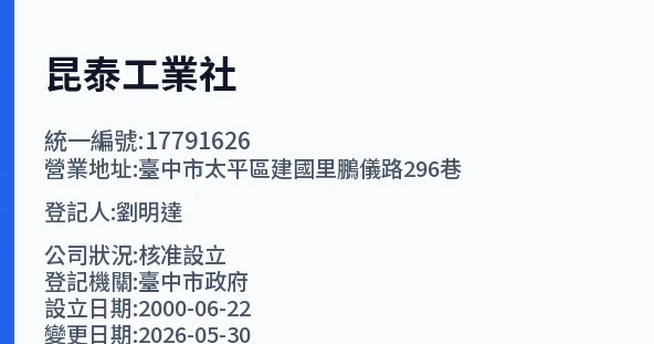 昆泰工業社的照片-統編 17791626(臺中市) 公司登記資料與營業項目詳細圖表