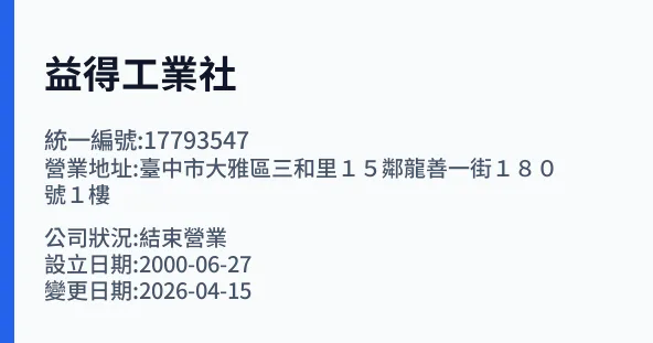 益得工業社的照片-統編 17793547(臺中市) 公司登記資料與營業項目詳細圖表