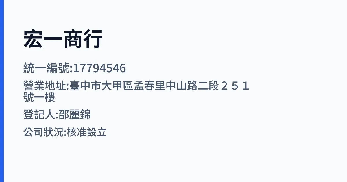 宏一商行 - 統編 17794546(臺中市) 公司登記資料與營業項目詳細圖表