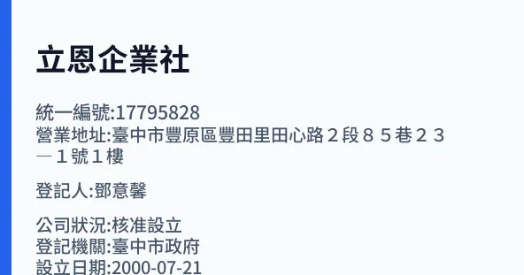 立恩企業社的照片-統編 17795828(臺中市) 公司登記資料與營業項目詳細圖表