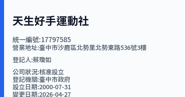 天生好手運動社的照片-統編 17797585(臺中市) 公司登記資料與營業項目詳細圖表