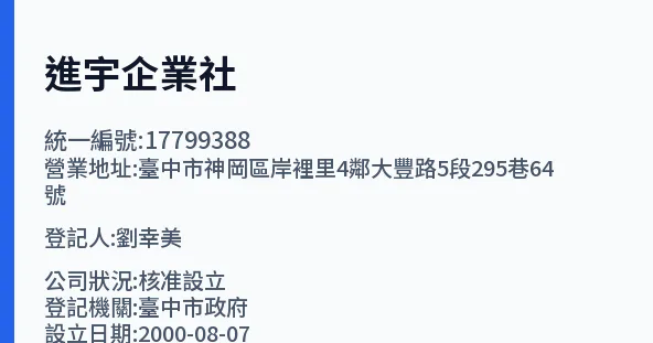 進宇企業社的照片-統編 17799388(臺中市) 公司登記資料與營業項目詳細圖表