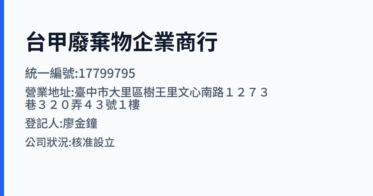 台甲廢棄物企業商行 - 統編 17799795(臺中市) 公司登記資料與營業項目詳細圖表