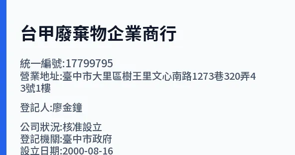 台甲廢棄物企業商行的照片-統編 17799795(臺中市) 公司登記資料與營業項目詳細圖表