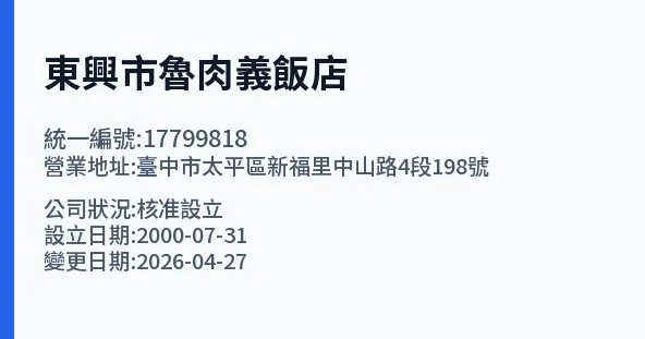 東興市魯肉義飯店的照片-統編 17799818(臺中市) 公司登記資料與營業項目詳細圖表