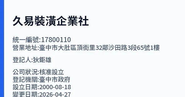 久易裝潢企業社的照片-統編 17800110(臺中市) 公司登記資料與營業項目詳細圖表