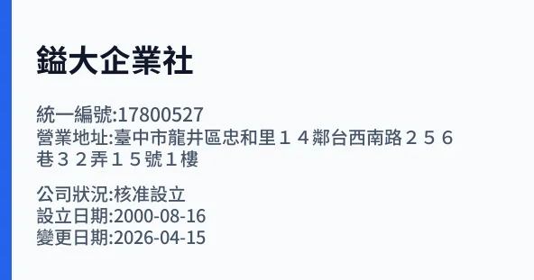 鎰大企業社的照片-統編 17800527(臺中市) 公司登記資料與營業項目詳細圖表