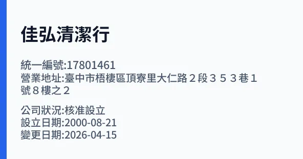 佳弘清潔行的照片-統編 17801461(臺中市) 公司登記資料與營業項目詳細圖表