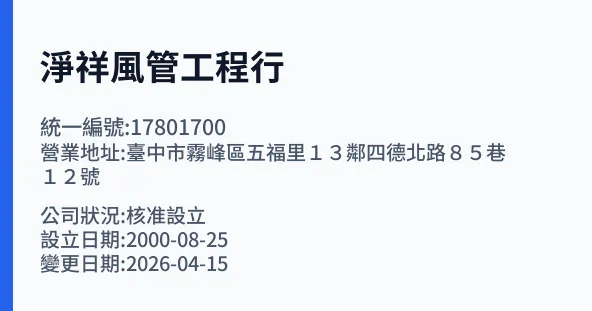 淨祥風管工程行的照片-統編 17801700(臺中市) 公司登記資料與營業項目詳細圖表