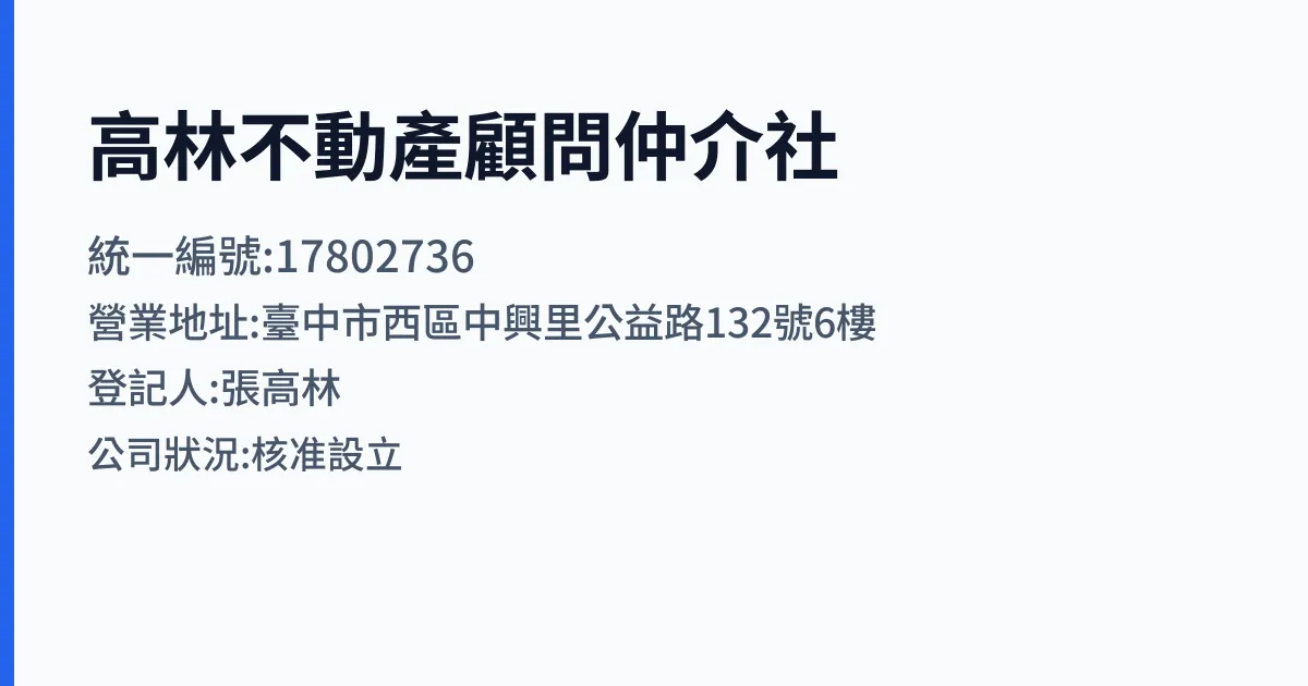 高林不動產顧問仲介社 - 統編 17802736(臺中市) 公司登記資料與營業項目詳細圖表