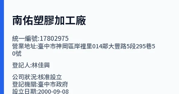 南佑塑膠加工廠的照片-統編 17802975(臺中市) 公司登記資料與營業項目詳細圖表